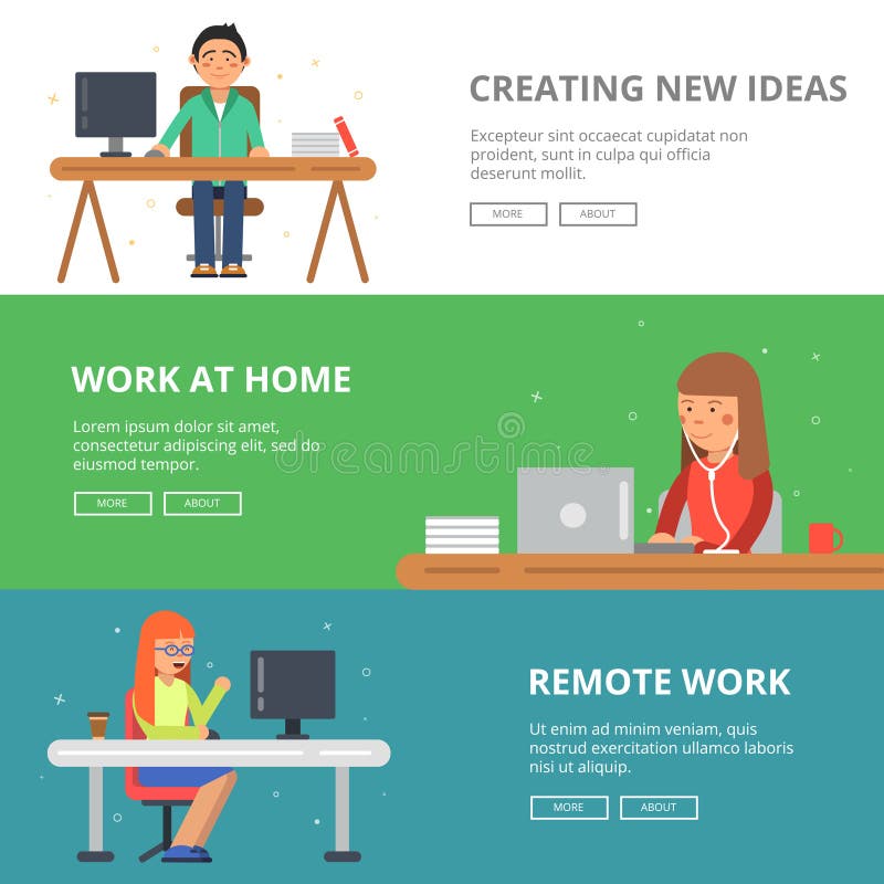 Horizontal Banners with Illustrations of Freelancers at His Workspace ...