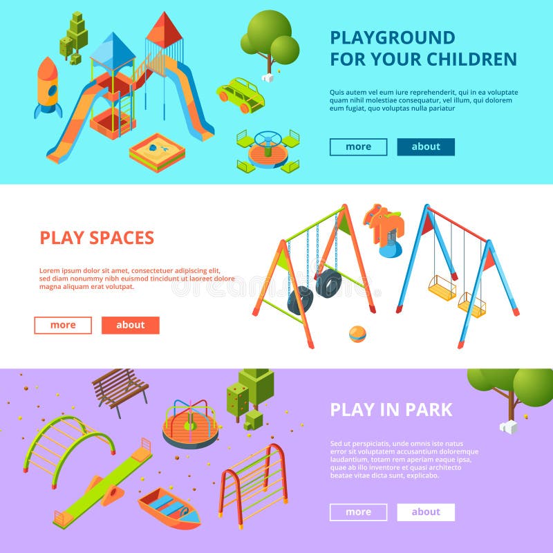 Horizontal Banners Set with Isometric Illustrations of Kids Playground ...