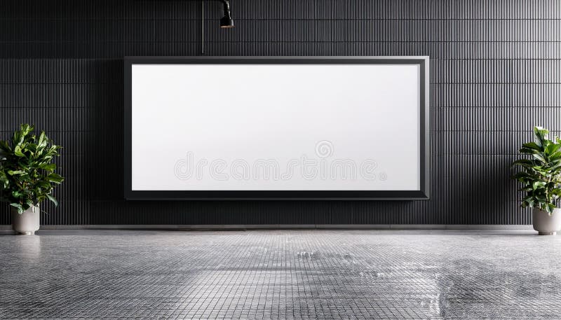 Horizontal Billboard Mockup on Black Tiled Wall in Modern Interior. 3D ...