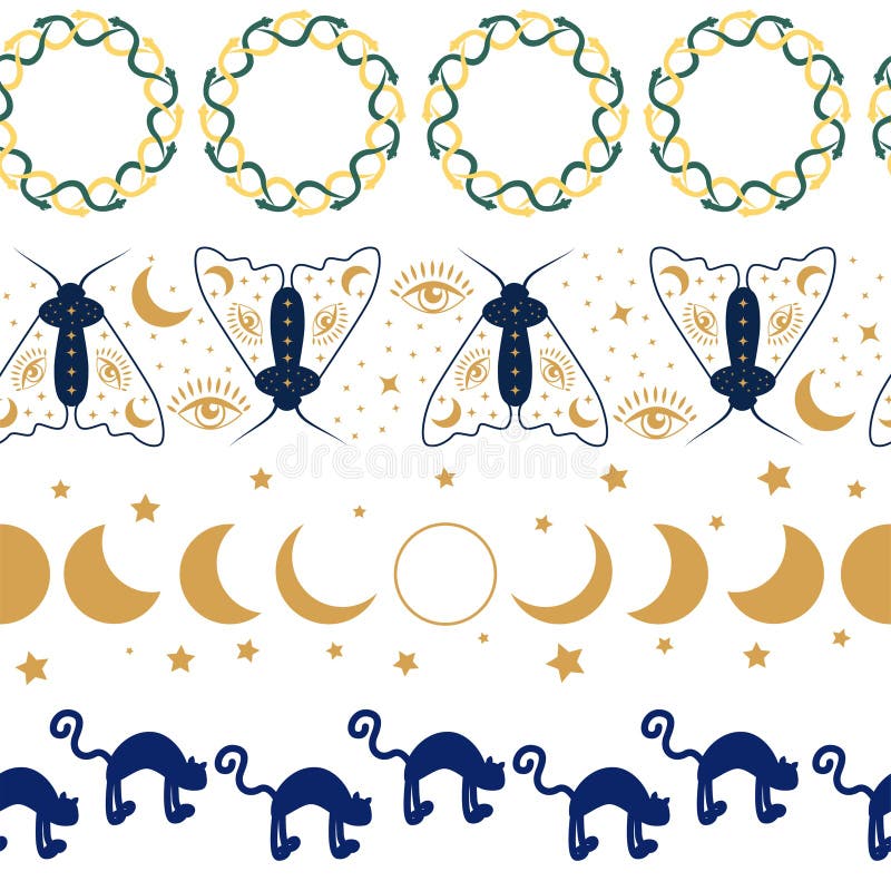 Horizontal Border, Set Magic and Heavens Seamless Pattern, with Magical ...