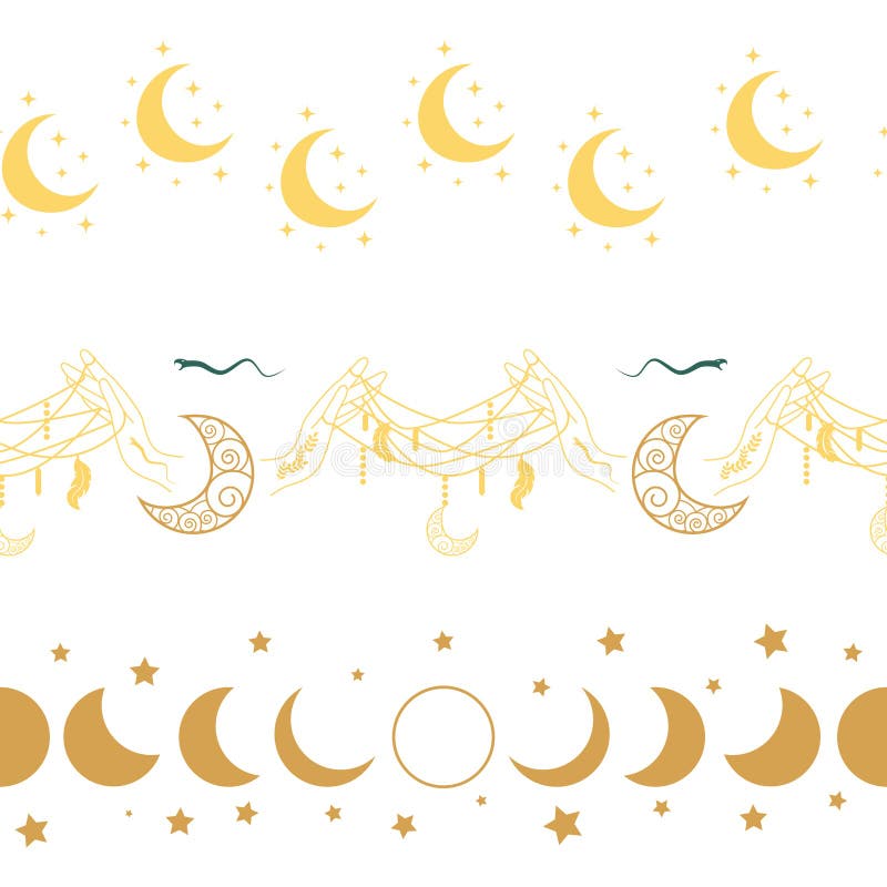 Horizontal Border, Set Magic and Heavens Seamless Pattern, with Magical ...