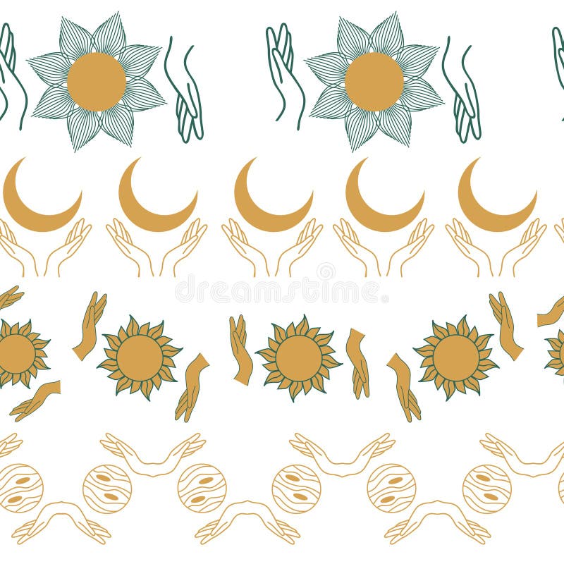 Horizontal Border, Set Magic and Heavens Seamless Pattern, with Magical ...