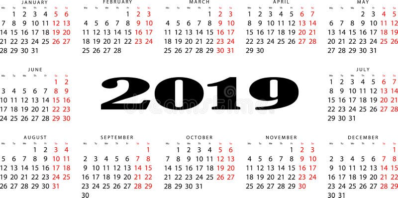 The Horizontal Calendar for 2019. Week with Two Days Off Stock ...