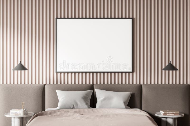 Horizontal Canvas and Headboard in Beige Bedroom with Wall Panelling ...