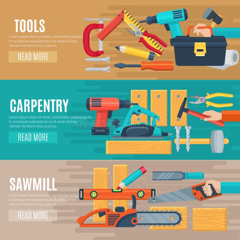 Horizontal Carpentry Banners with Tools Kit Stock Vector - Illustration ...
