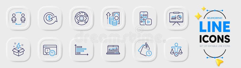 Horizontal Chart, Time Management and Cyber Attack Line Icons for Web ...