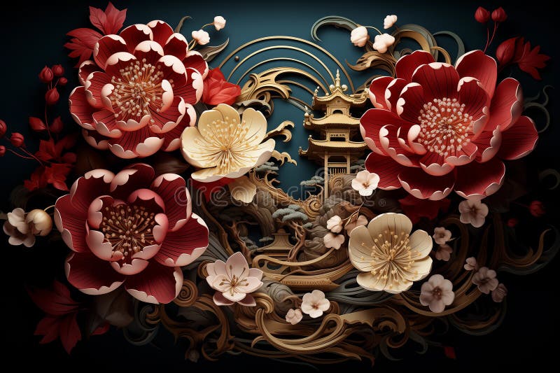 Horizontal Chinese Pattern Wallpaper with Flowers and a Temple Stock ...