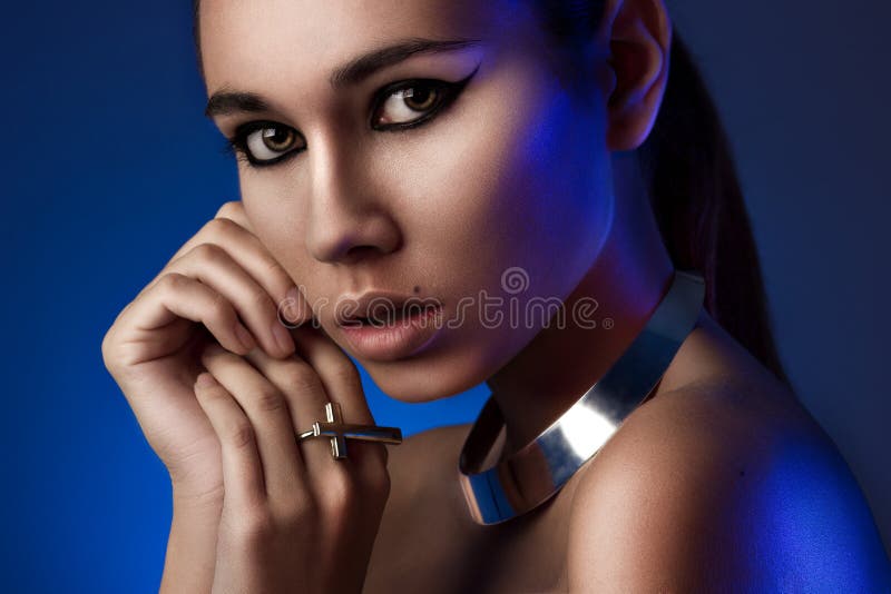 Horizontal Close-up Portrait of Girl in Blue Light Stock Photo - Image ...