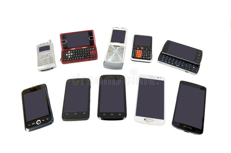 Different Generations of Mobile Phones Opened on White Background Stock ...