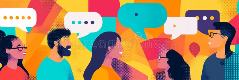 Horizontal Colorful Illustration of Diverse People Talking with Speech ...