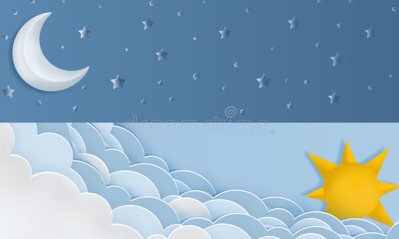 Horizontal Day and Night Layout with Sun. Moon, Stars and Clouds Stock ...