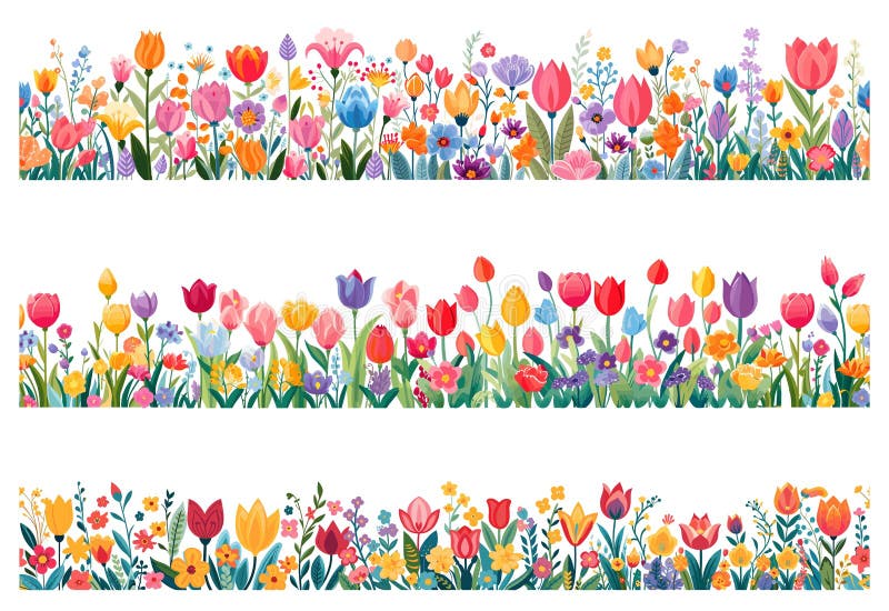 Horizontal Flowers Borders. Spring Blooming Floral Border Decors ...