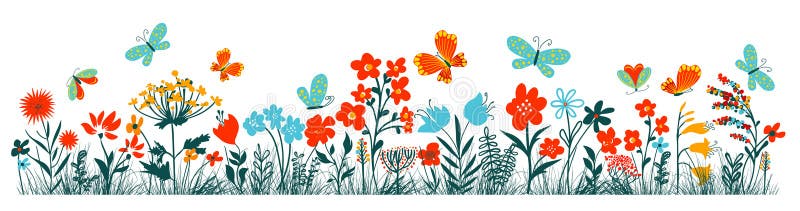 Horizontal Grass Headers Seamless Pattern. Cute Simple Flowers and ...