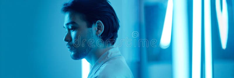 Horizontal Header Image of Man with Blue Neon Lights Stock Photo ...