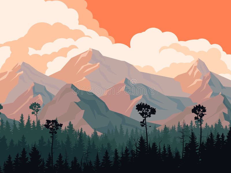 Horizontal Illustration of Coniferous Forest with Mountains. Stock ...