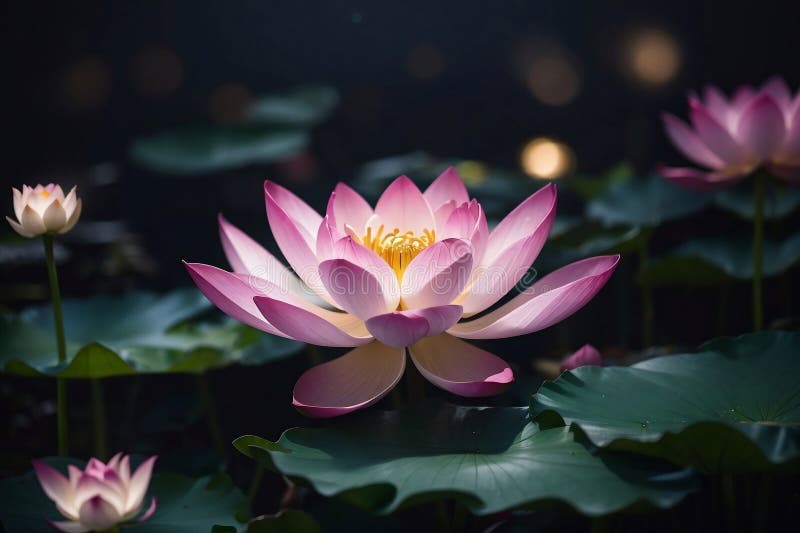 A Horizontal Illustration of a Lotus Flower at Night Stock Illustration ...