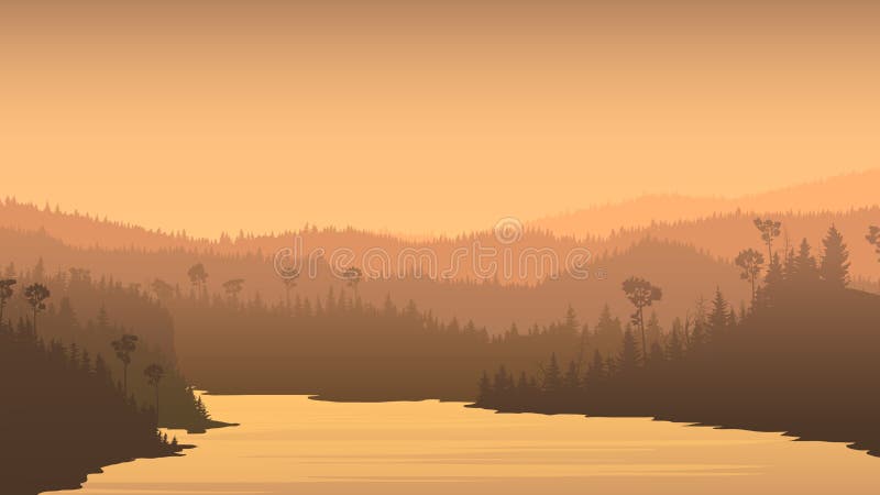 Horizontal Illustration of River between Forest Hills. Stock Vector ...