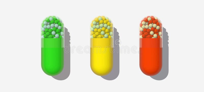 Set of Three Multi-colored Pills 3d Render Isolated on a White ...
