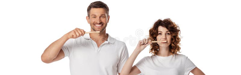 Horizontal Image of Cheerful Couple Brushing Stock Photo - Image of ...