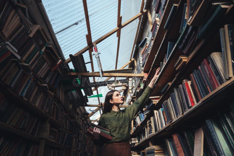 Horizontal Image of Girl in Library Stock Photo - Image of literature ...