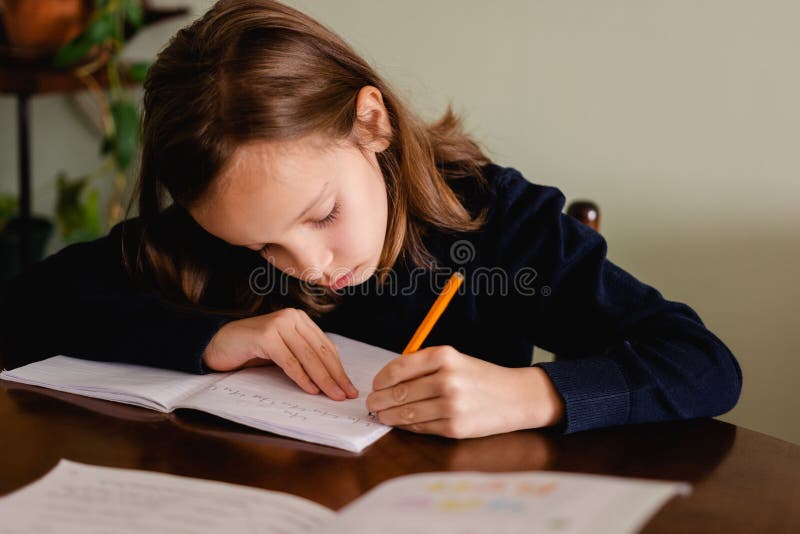 Horizontal Image of a Little Brown-haired Girl Doing Some Homework ...
