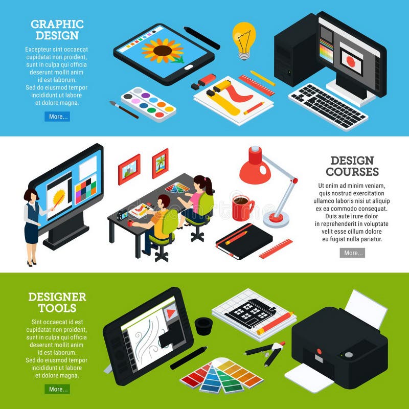 Horizontal Isometric Banners Set with Students at Graphic Design ...