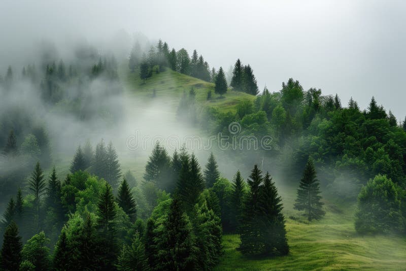 Horizontal Landscape Green Trees in the Fog Stock Illustration ...