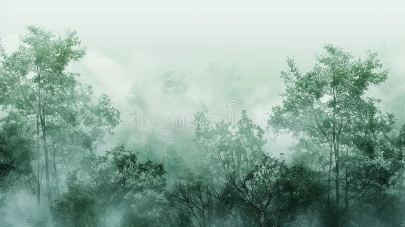 Horizontal Landscape Green Trees in the Fog Stock Illustration ...