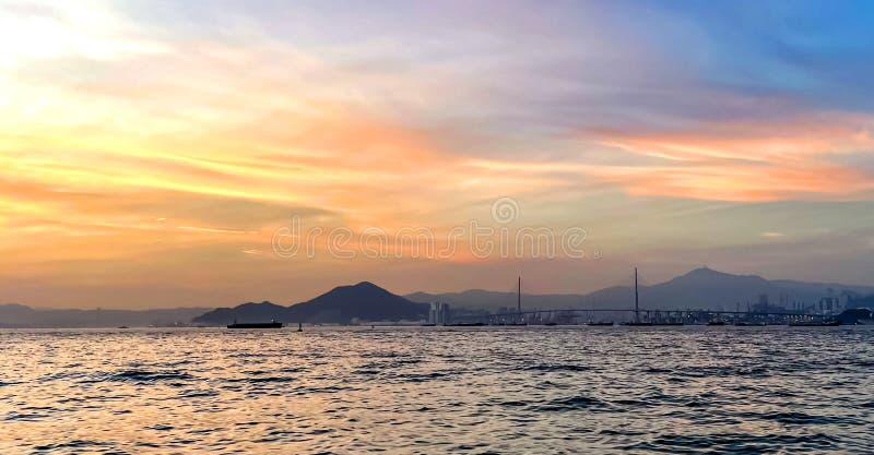 Horizontal Landscape Photograph with Ship, Bridge, Mountain, Ocean ...