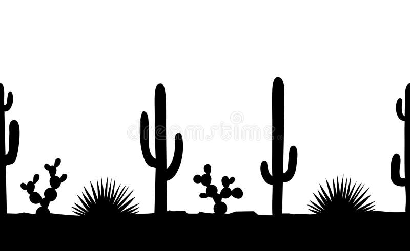 Horizontal Landscape Silhouette with Cactus in Desert. Background Scene ...