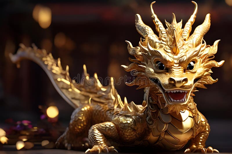 Horizontal Left To Right 3d Chinese Happy Gold Dragon with Happy Face ...
