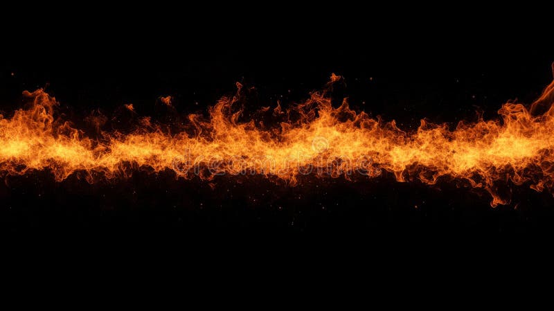 Horizontal Line of Fire on Black Background, Intense Energy and Heat ...