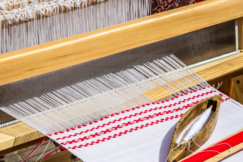 Horizontal Loom with Linen, Weaving in Belarus. Stock Image - Image of ...