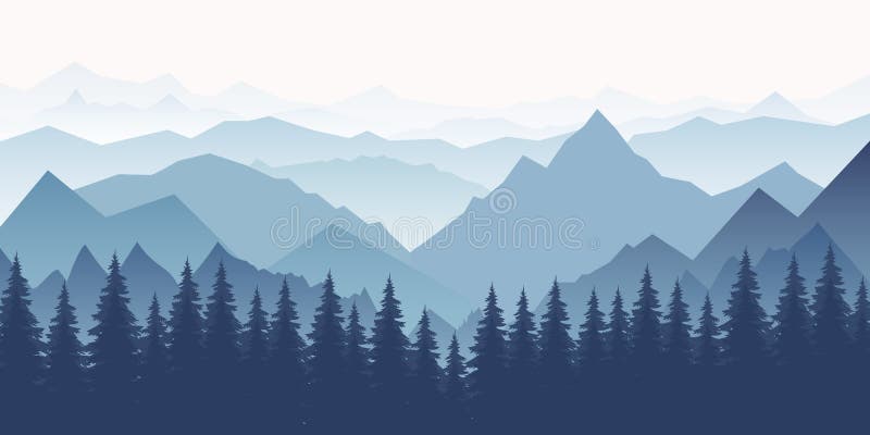 Horizontal Mountain Landscape with Trees. Panoramic View of Ridges and ...