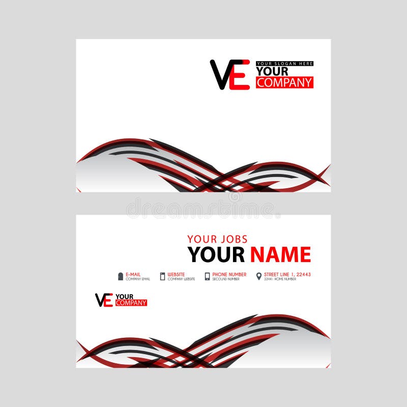 Horizontal Name Card with VE Logo Letter and Simple Red Black and ...