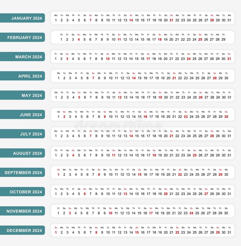 Horizontal One Line Calendar 2024, One Line Calendar Template for You ...