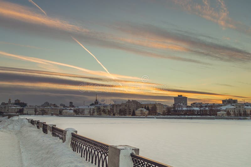 Horizontal Panorama of the Night Winter City Stock Photo - Image of ...