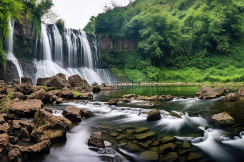 Horizontal Panorama of Wide Multi-step Waterfall Landscape Stock Photo ...