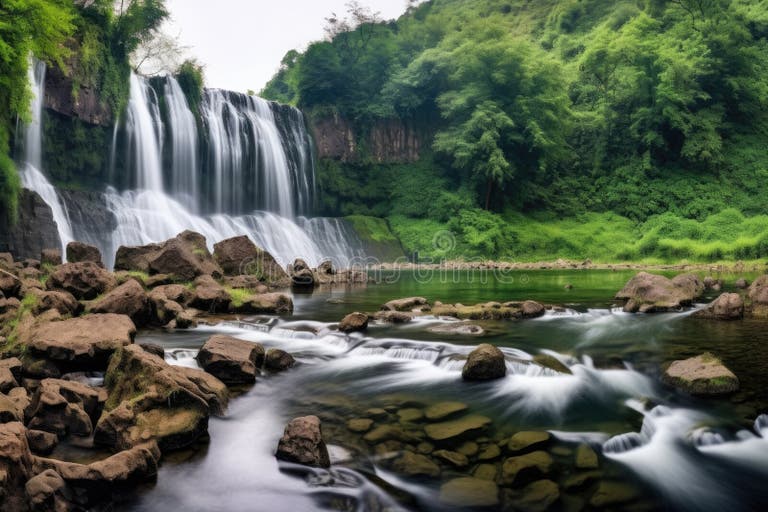 Horizontal Panorama of Wide Multi-step Waterfall Landscape Stock Photo ...