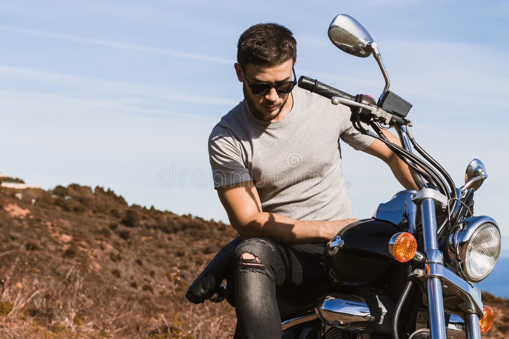 Horizontal Partial View of Young Biker Riding a Custom Motorcycle Stock ...