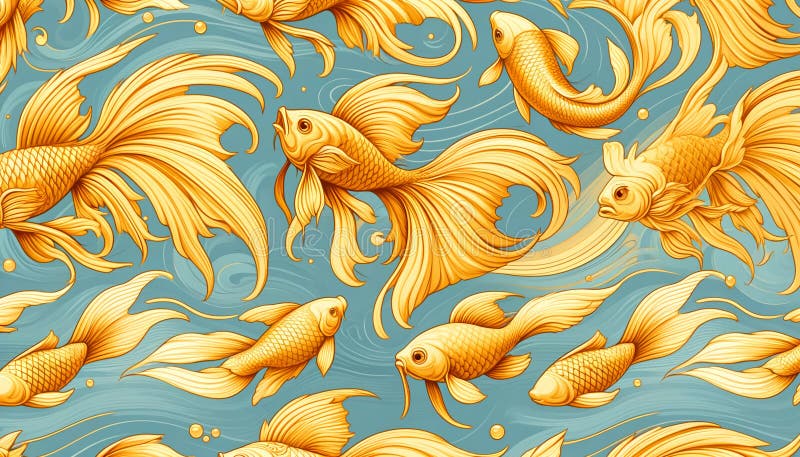 Horizontal Pattern of Goldfish on a Blue Background Stock Illustration ...