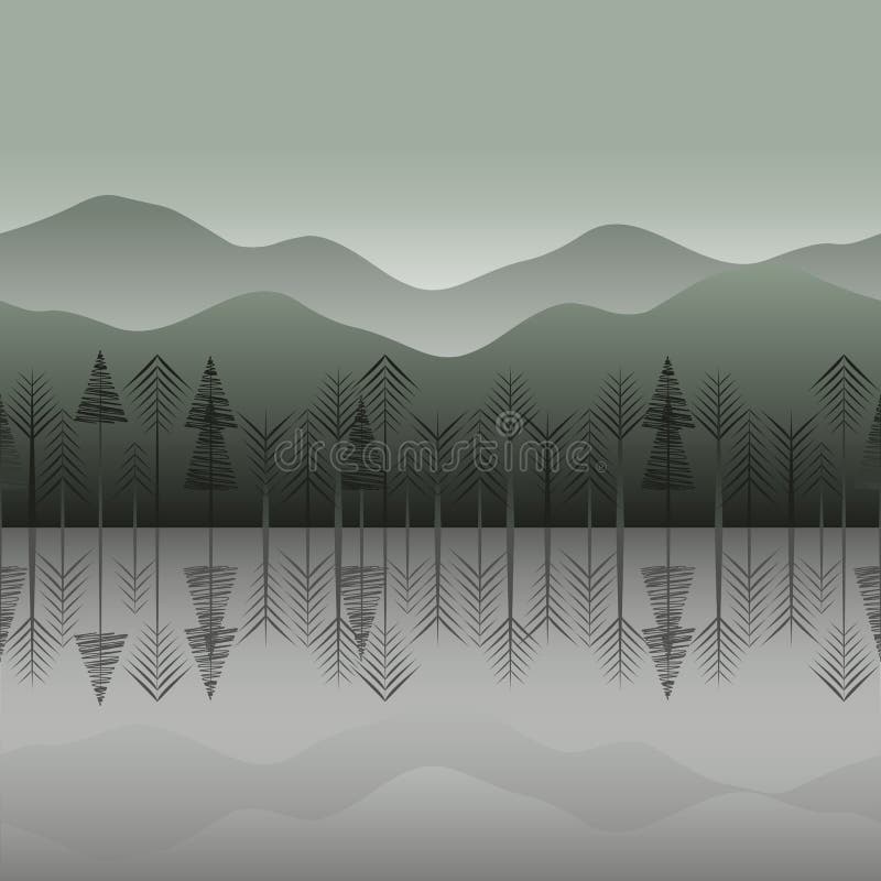 Horizontal Pattern with Misty Coniferous Forest, Lake Reflection and ...