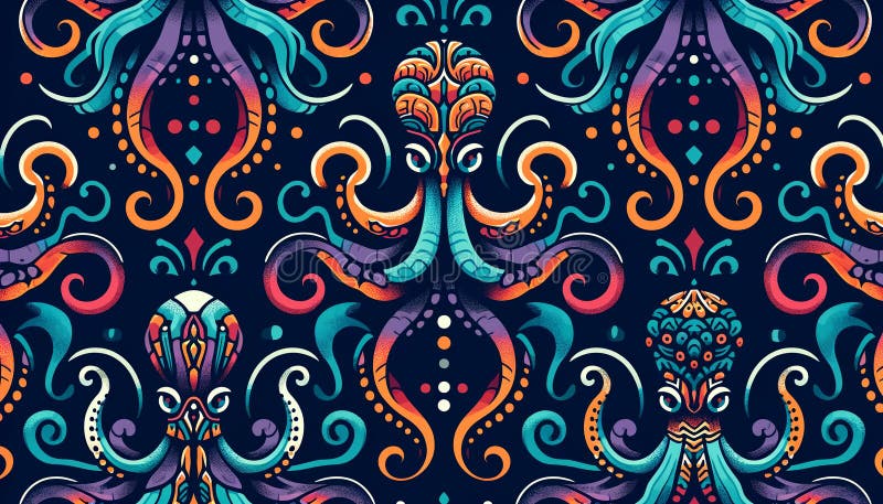 Horizontal Pattern with Stylized Octopuses on a Navy Background in ...