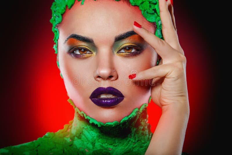 Horizontal Photo of Attractive Woman with Creative Makeup Stock Photo ...