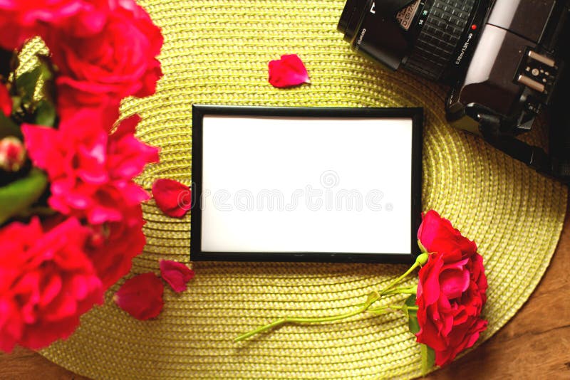 Horizontal Photo Frame on the Table among Red Roses Stock Image - Image ...