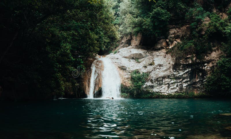 Horizontal Photo of a High Mountain River Pool with a Waterfall Stock ...