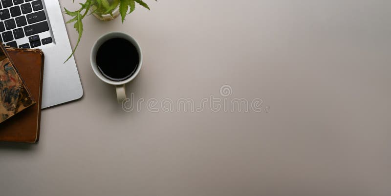 Horizontal Photo Office Desk with Laptop Computer, Coffee Cup, Notebook ...