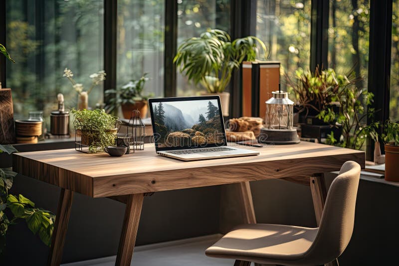 A Horizontal Photograph of a Modern Workspace with a Laptop and ...