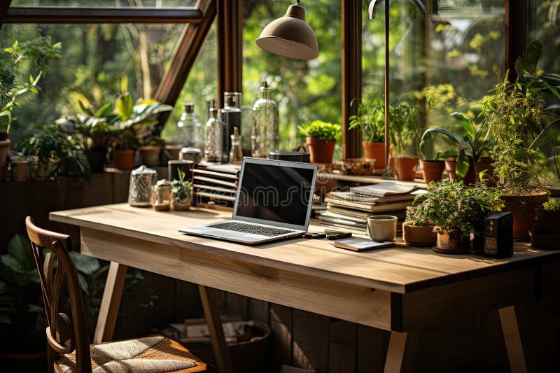 A Horizontal Photograph of a Modern Workspace with a Laptop and ...