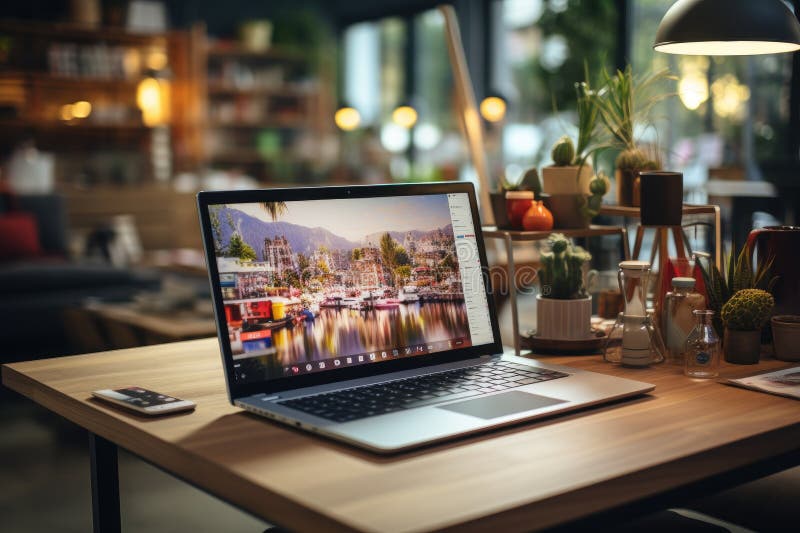 A Horizontal Photograph of a Modern Workspace with a Laptop and ...